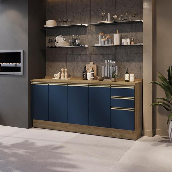 Balcões De Cozinha 100% Mdf 200cm Nogueira/azul Profundo Celeste ...