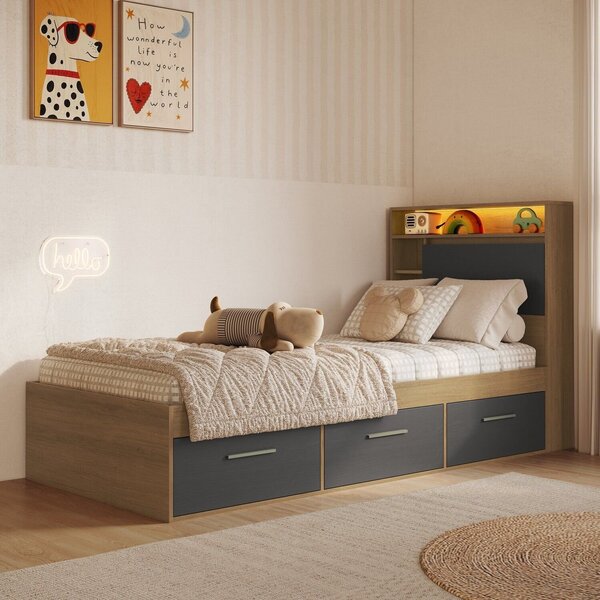 Cama De Solteiro 3 Gavetas Com Led E Cabeceira Organizadora Genebra ...