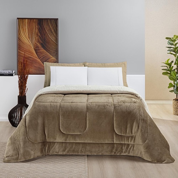 Coberdrom Diamond Casal Queen Sherpa Com Manta Flannel 01 Peça - Cáqui ...