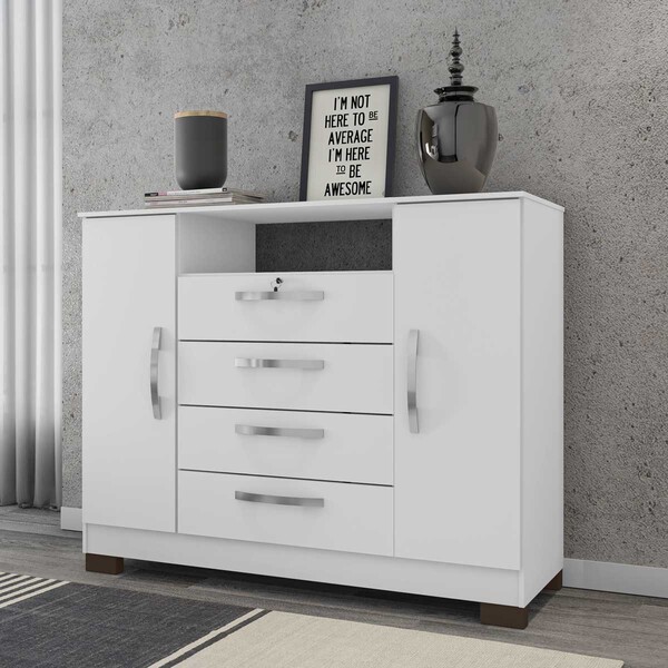 Cômoda Rack Madri Branco 2 Portas E 4 Gavetas Com Chave - Incorplac ...
