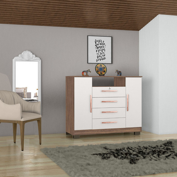Cômoda Rack Madri Teka Com Champanhe 2 Portas E 4 Gavetas Com Chave ...