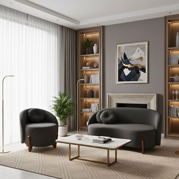 Conjunto 01 Poltrona + Sofá Curvo Orgânico Amsterdã Bouclê Chumbo ...