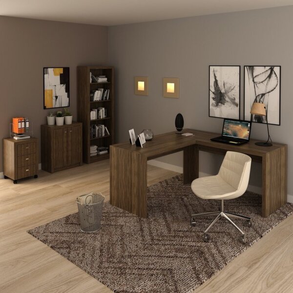 Conjunto 4 Peças Com 1 Mesa Em L 1 Balcão 1 Gaveteiro 1 Estante ...