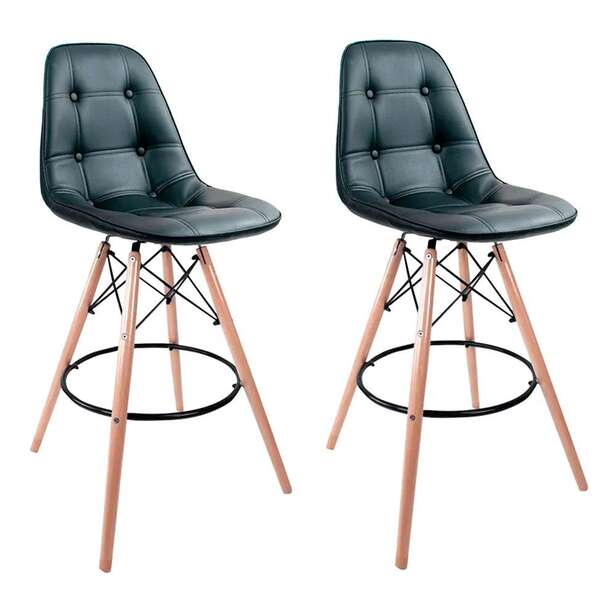 Conjunto Com 2 Banquetas Eames Botonãª Pretas - Base Madeira Naturalê ...