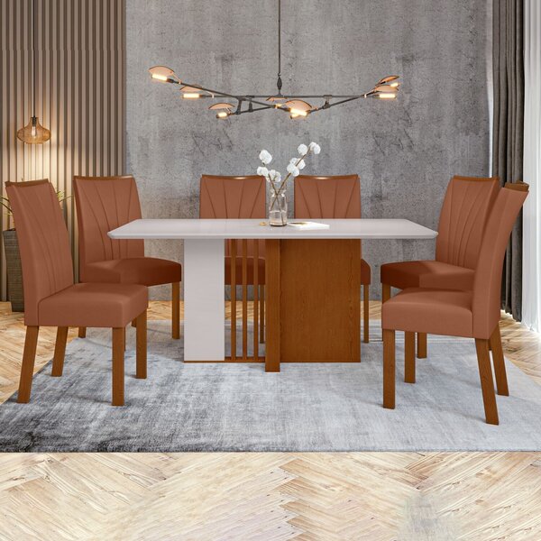 Conjunto Mesa 160cm Astrid Com Vidro E 6 Cadeiras Apogeu Frassino/off White/caramelo | Leroy Merlin