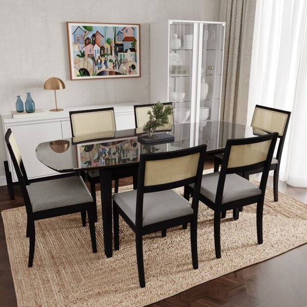 Conjunto Mesa De Jantar Tampo Vidro E Mdf 2,0m E 6 Cadeiras Tiê ...