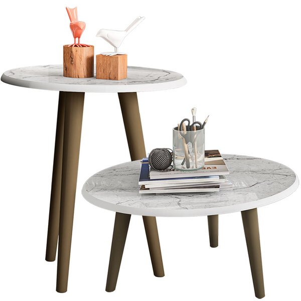 Conjunto Para Sala De Estar Com Mesa De Centro E Mesa Lateral B02 Branco Carrara - Lyam Decor ...