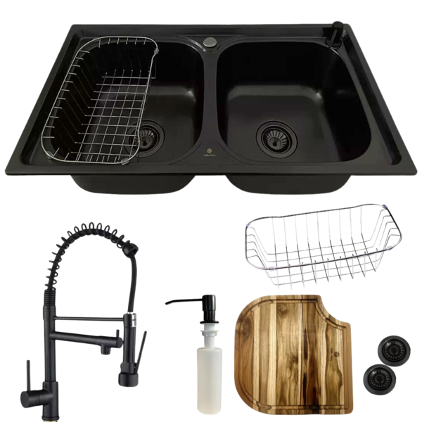 Cuba Dupla Gourmet Aço Inox Preta Com Torneira Preta E Tábua | Leroy Merlin