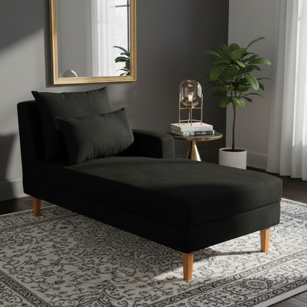 Divã Chaise Chloe 160 Cm Veludo Preto Pés Chanfrado Castanho M11 - D ...