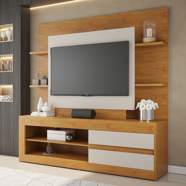 Estante Para Tv Até 55 Polegadas Tabu 2 Gavetas 5 Prateleiras Mel/off White - Viero Móveis ...