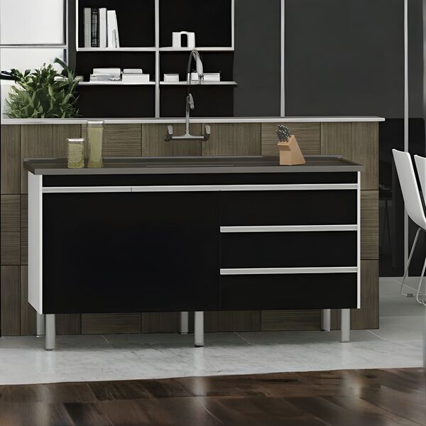 Gabinete Cozinha 144cm 100% Mdf 3 Gavetas 2 Portas Multiuso Preto/preto ...