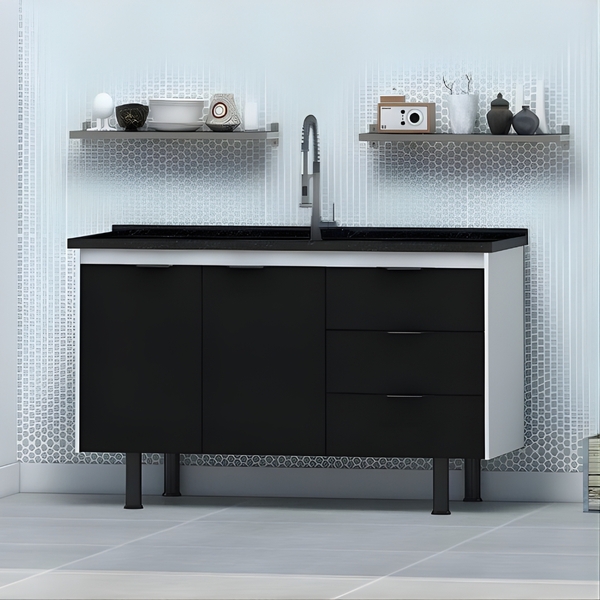 Gabinete Cozinha 144cm Armário 2 Portas E 3 Gavetas 100% Mdf Preto ...