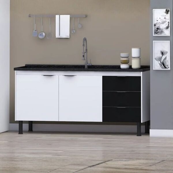 Gabinete Cozinha 144cm Armário 2 Portas E 3 Gavetas 100% Mdf Branco ...