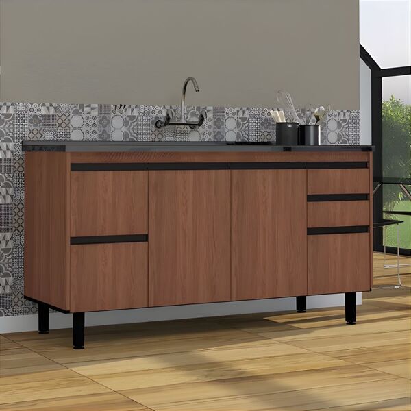 Gabinete De Cozinha Armário 144cm 5 Gavetas 2 Porta 100% Mdf Freijó ...