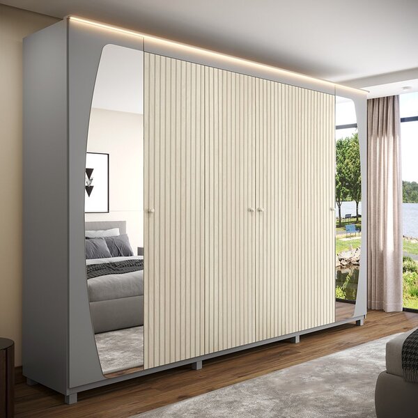 Guarda Roupa Casal Com Efeito Ripado, Espelho E Led 6 Portas 6 Gavetas ...