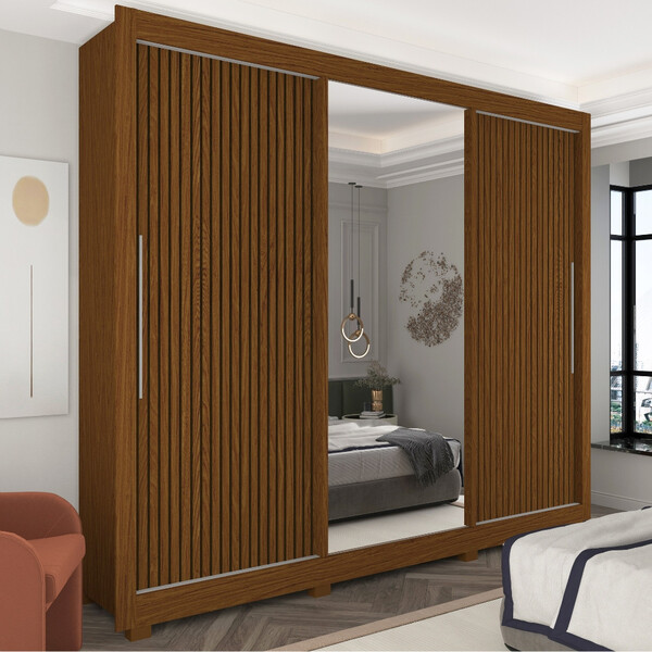 Guarda Roupa Casal Com Espelho 3 Portas De Correr Ripado 4 Gavetas ...