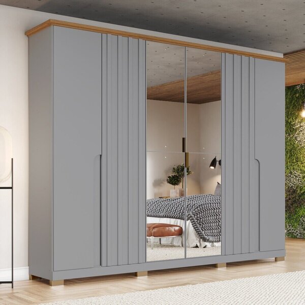 Guarda Roupa Casal Com Espelho 6 Portas 6 Gavetas Napoli Henn Cinza ...