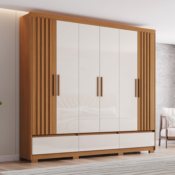 Guarda-roupa Casal Kaian 6 Portas 3 Gavetas Ripado Cinamomo/off White ...