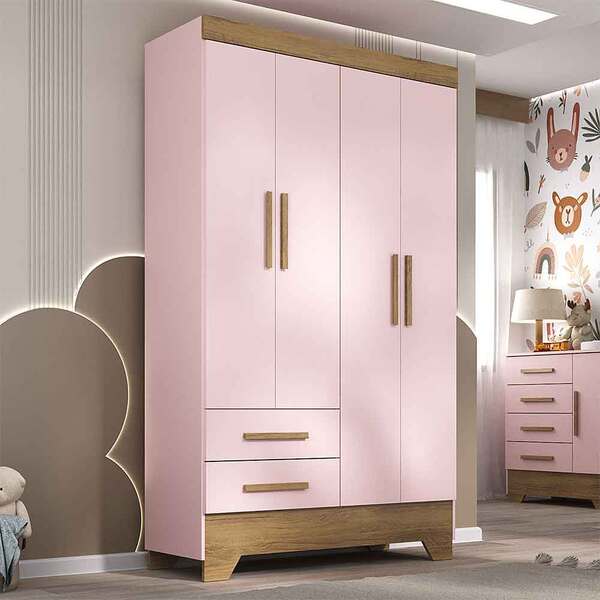 Guarda Roupa Infantil Colorir 4 Portas 2 Gavetas Rosa/ Nature - Moville ...