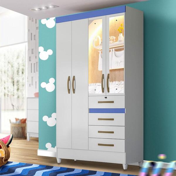 Guarda Roupa Pequeno Com Espelho 4 Portas Infantil Branco Azul Flex ...
