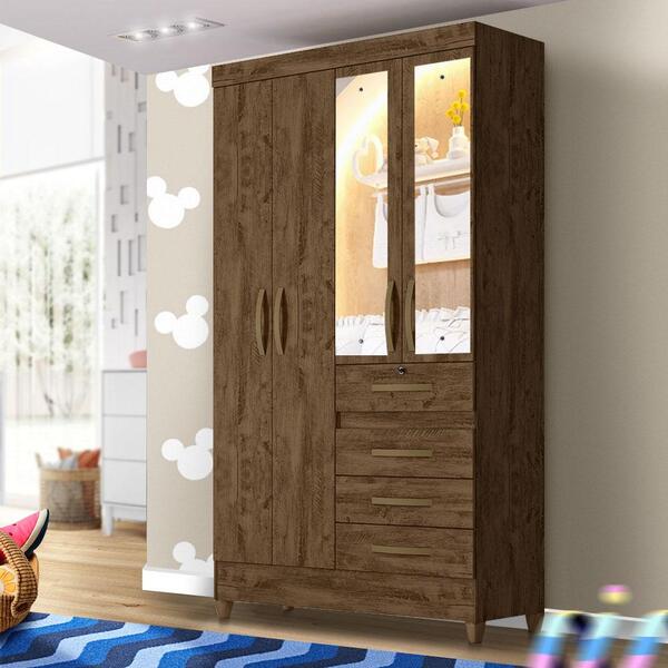 Guarda Roupa Pequeno Com Espelho 4 Portas Infantil Castanho Wood Stella ...