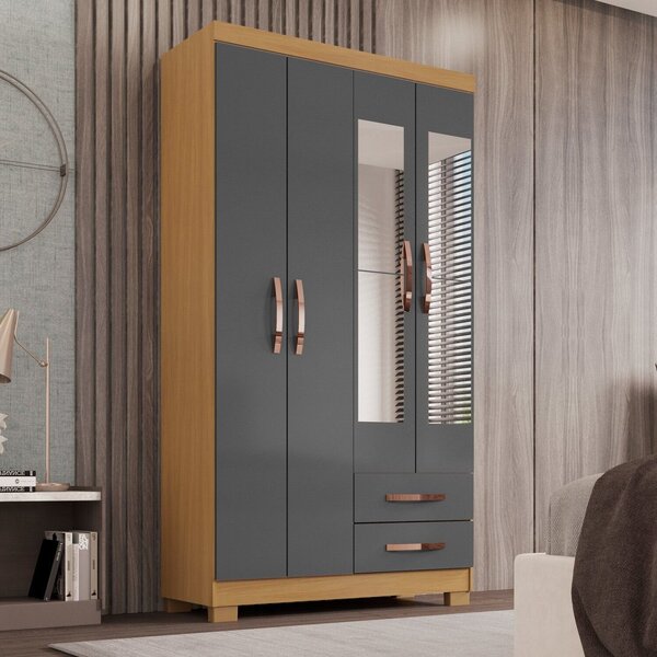 Guarda-roupa Solteiro 4 Portas 2 Gavetas Com Espelho Carvalho Americano ...