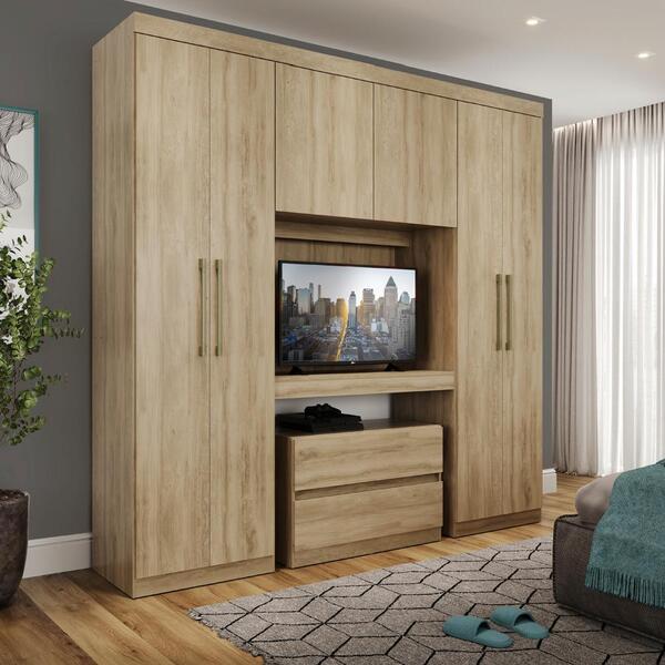 Guarda Roupa Solteiro 6 Portas 2 Gavetas Porto Noce Com Painel De Tv ...