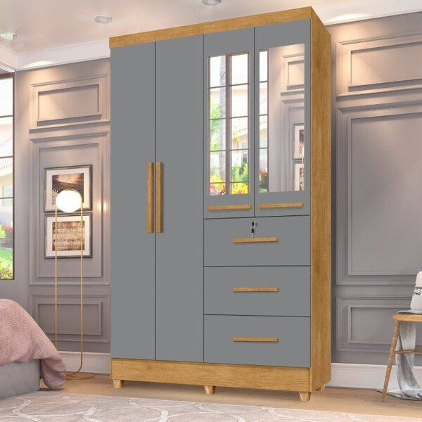 Guarda Roupa Solteiro Com Espelho 4 Portas 3 Gavetas Tokio Nature/cinza ...