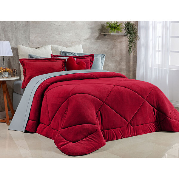 Jogo Edredom Queen Size Vermelho Soft Microfibra + Jogo De Cama 400 ...