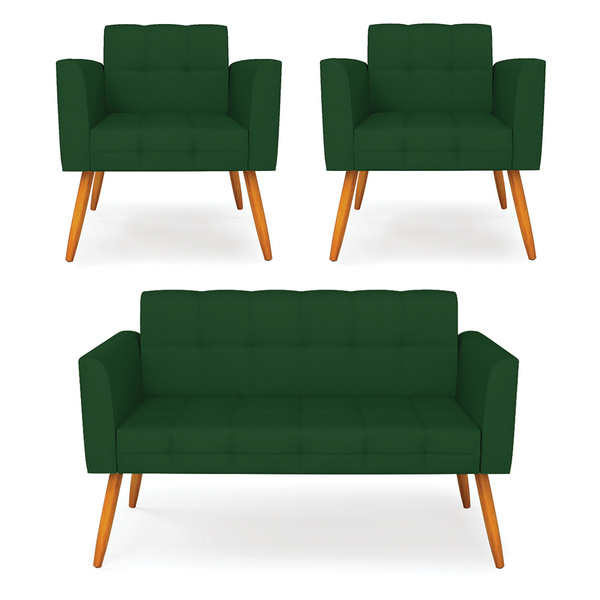 Kit 1 Sofá Namoradeira E 2 Poltronas Elisa Veludo Luxo Verde A136 Pés Palito Castanho - D'rossi ...