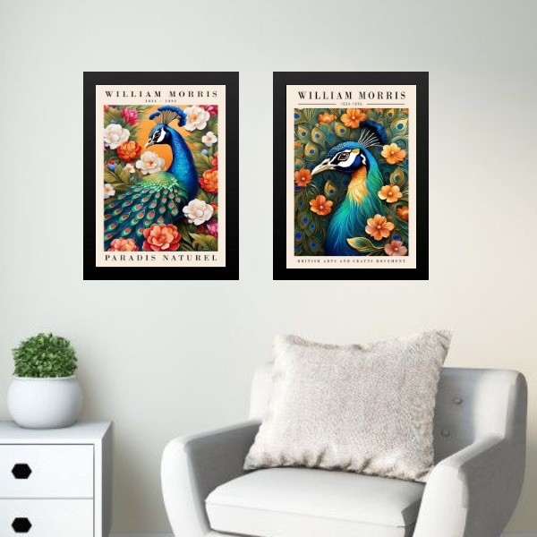 Kit 2 Quadros Arte Pavão - William Morris 24x18cm Moldura Preta | Leroy ...