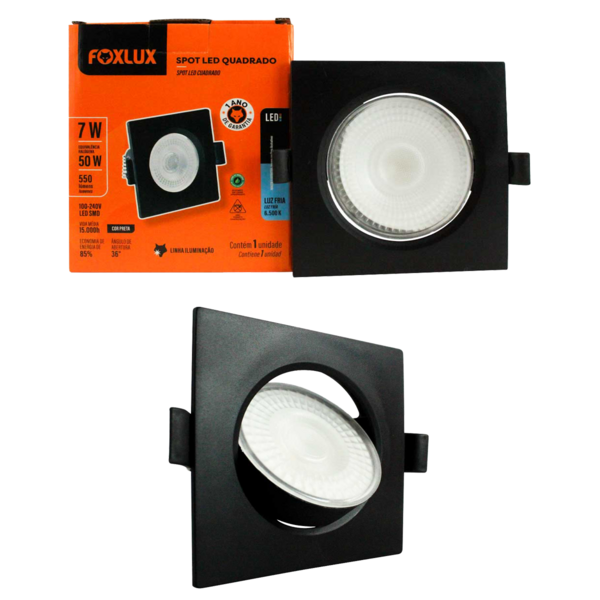Kit 2 Spot Led Foxlux Quadrado 7w 6500k Bivolt Preto | Leroy Merlin