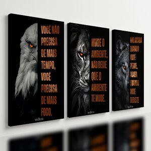 Kit 3 Quadro Decorativo Motivacional Leão Águia Lobo Foco 40x28cm ...