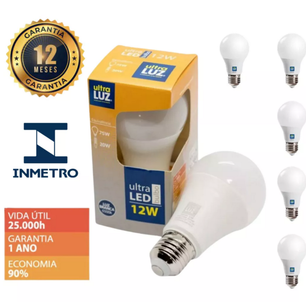 Kit 5 Lâmpada Led 12w Bulbo E27 6500k Branco Frio Ultra Luz 110v/220v Branco-frio | Leroy Merlin