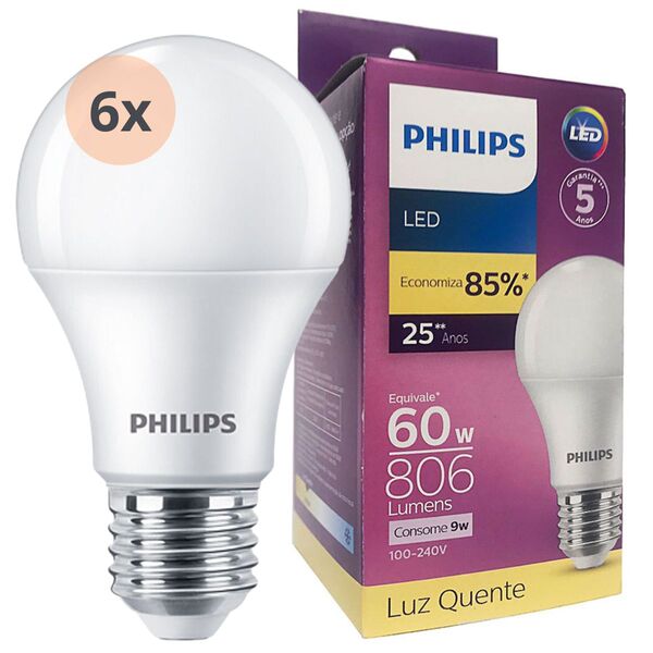 Kit 6 Lâmpadas Led Philips Bulbo 9w Equivale 60w Branco Quente 3000k ...