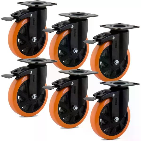 Kit 6 Rodízios Linha Black Placa 5" 128mm 1.020kg Laranja Com Freio ...