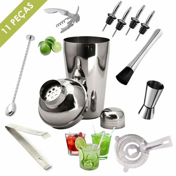 Kit Barman Profissional Coqueteleira 500ml 11 Peças Inox Caipirinha ...
