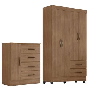 Kit Guarda-roupa Solteiro 4 Portas Com Cômoda Sapateira Lisa Carvalho ...