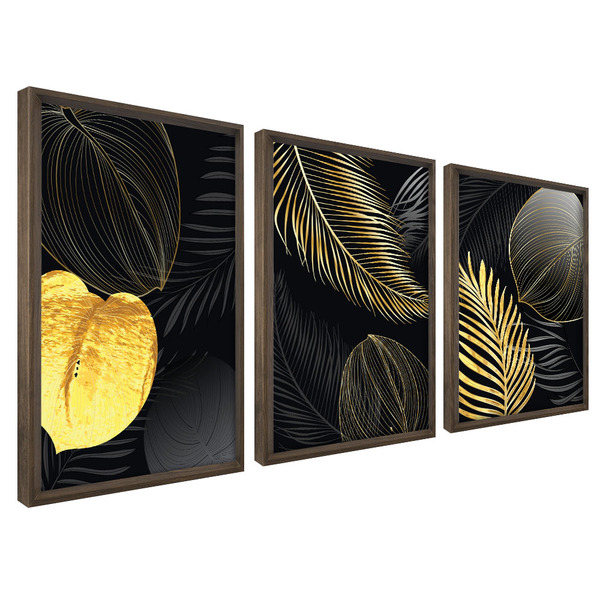 Kit Quadro Decorativo 3 Telas 60cm Model. Folhas Douradas Tabaco ...