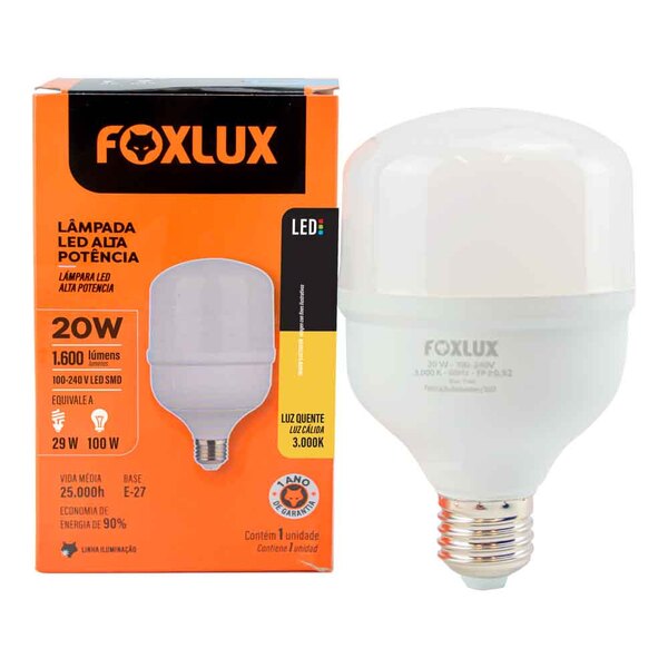Lâmpada Led Alta Potência Foxlux 20w 3000k Branca Quente 1600lm E-27 ...
