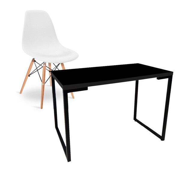 Mesa Computador 120cm Porto Preto E Cadeira Eiffel Charles Eames Branco ...