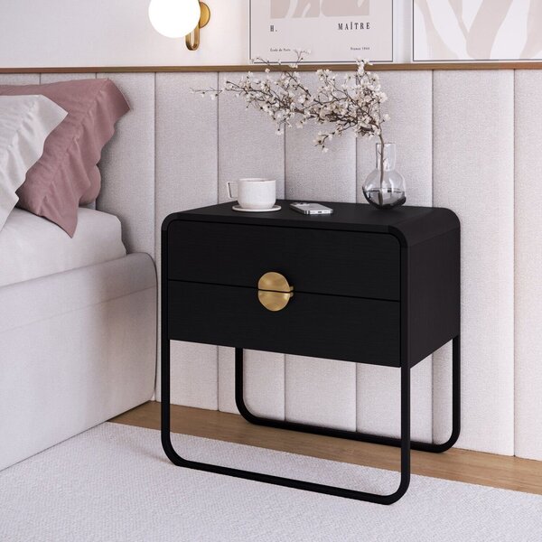Mesa De Cabeceira 60cm 2 Gavetas Orgânica Pé Metal Luna Nero/preto Nero ...
