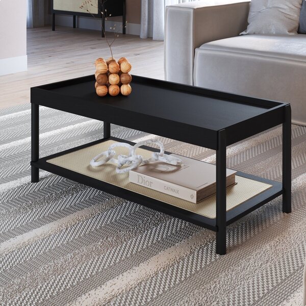 Mesa De Centro Retangular Com Prateleira 93cm Palhinha Pé Madeira Oslo ...
