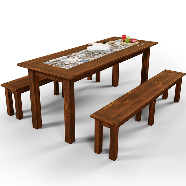 Mesa De Jantar Com Cerâmica Rústica 02 Bancos De Madeira Maciça Pinus ...