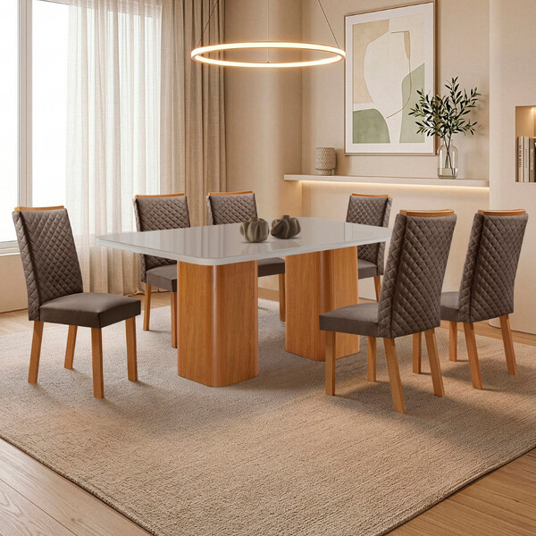 Mesa De Jantar Eloise 180cm Tampo Mdf Vidro Canto Copo Com 6 Cadeiras ...