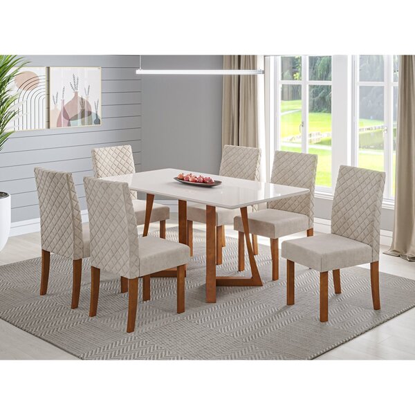 Mesa De Jantar Pés Madeira Maciça Com Vidro 6 Cadeiras Madeira Dalia ...