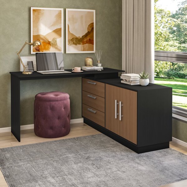 Mesa Escrivaninha Com Cômoda Com 3 Gavetas E 2 Portas American Preto ...