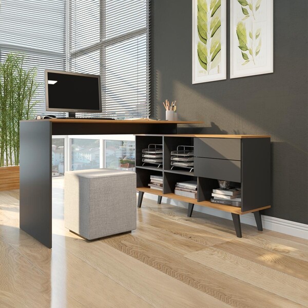 Mesa Home Office Grande Com Estante 2 Gavetas Mdp Cinza 0747 Menu ...