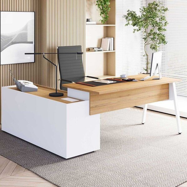 Mesa L Diretor Escritório 200cm Com Armário Lateral Tampo Cavado E Pés ...