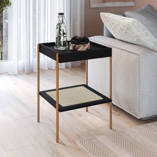 Mesa Lateral Quadrada Com Prateleira 43cm Palhinha Pé Metaloslo Preto ...